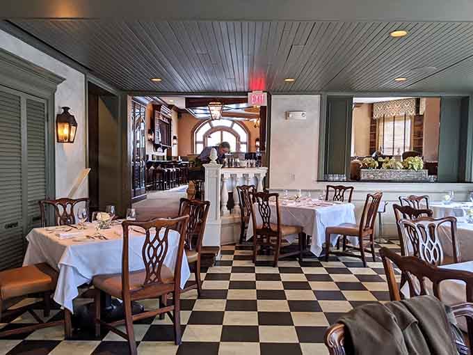 Classic black and white floors meet modern elegance, proving timeless style never goes out of fashion.