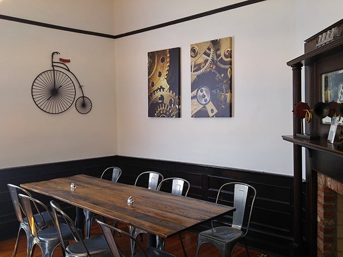 Industrial chic meets vintage charm in a dining room where penny-farthing bicycles watch over your morning feast.