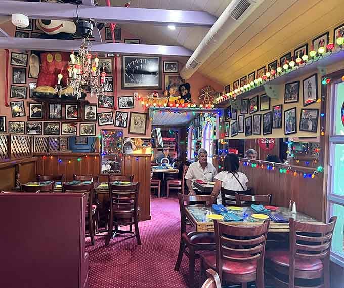 Every wall tells a story here, from vintage photos to Christmas lights that never take a vacation.