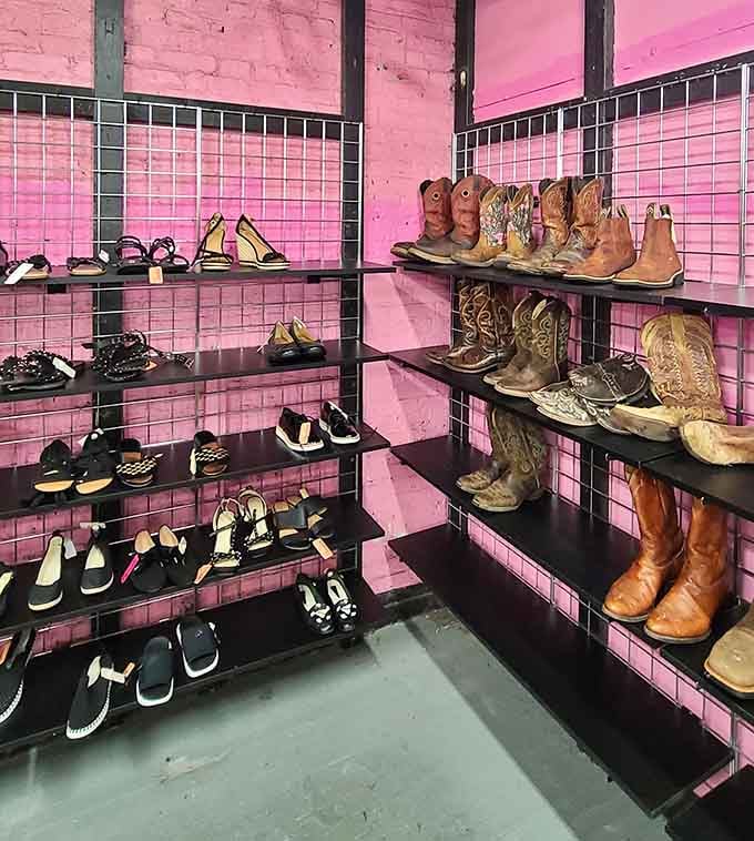 From cowboy boots to sneakers, this wall of footwear proves that great style doesn't require a second mortgage.