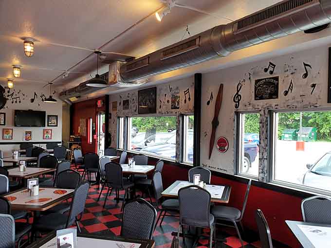 Step inside The Gem Diner where checkered floors and musical notes set the stage for breakfast magic.