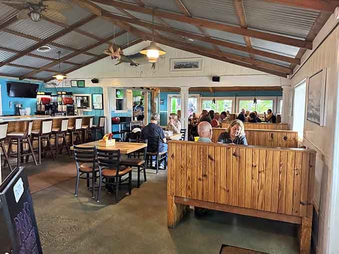 Wood paneling, ceiling fans, and water views create the perfect trifecta for serious seafood consumption and relaxation.