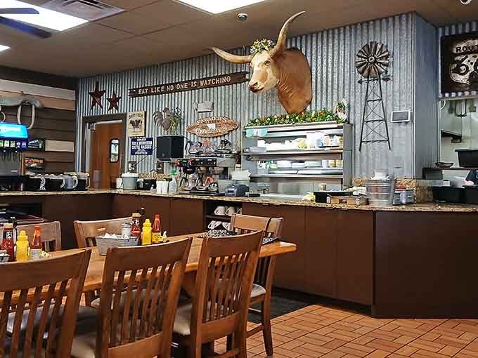Rustic charm meets serious comfort food under that watchful longhorn and corrugated metal ceiling.