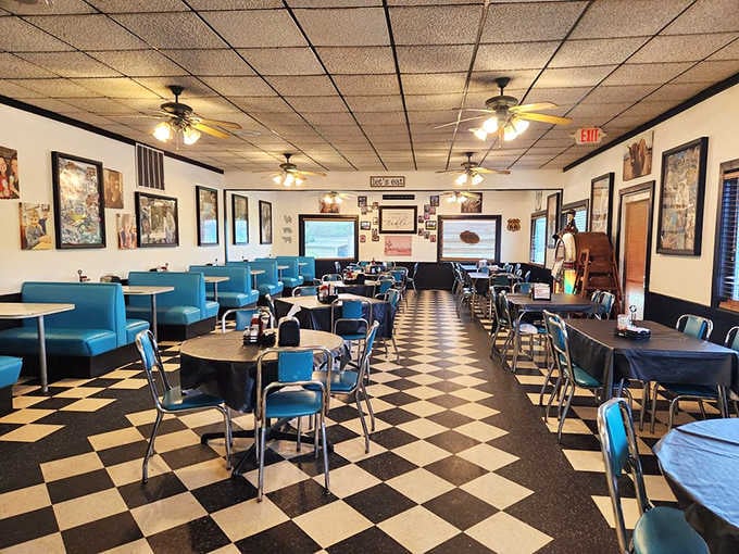 The checkered floor and turquoise booths create a time warp that your knees might protest but your heart will love.