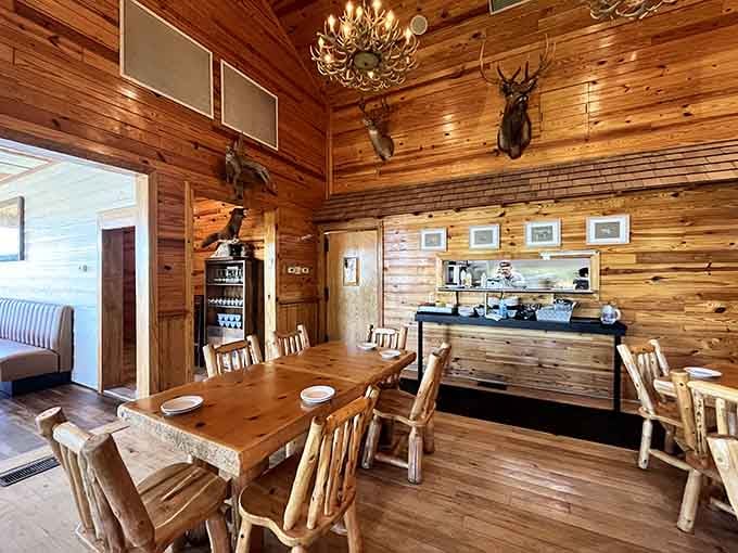 Rustic elegance meets lake country charm in a space where antler chandeliers feel less like decoration, more like destiny.