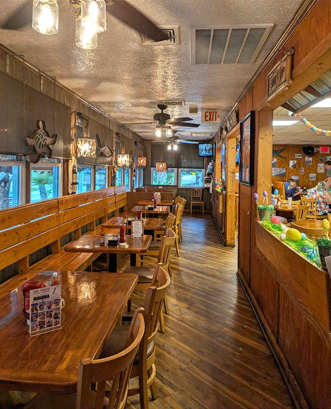 Wood-paneled walls and simple tables create the perfect no-fuss atmosphere for serious seafood consumption ahead.
