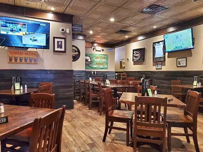 Dark wood, tin ceilings, and Irish charm create the kind of atmosphere where strangers become friends over pints.