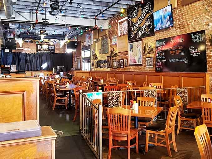 Exposed brick, wooden booths, and Texas flags everywhere – it's like dining inside a friendly bear hug.