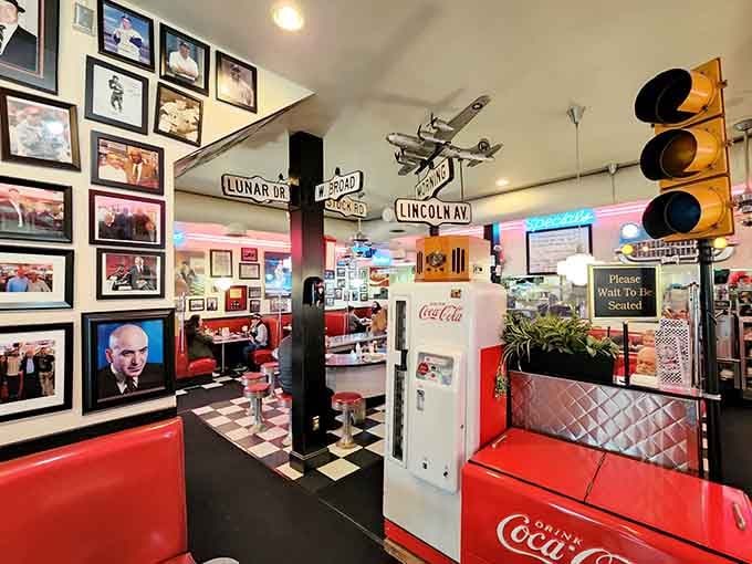 Chrome, checkered floors, and red vinyl booths create the kind of atmosphere that makes breakfast feel like an event.