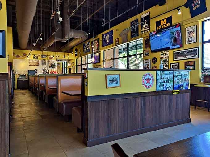 Bright yellow walls and Michigan memorabilia create a Motor City vibe that's surprisingly at home in the Lowcountry.