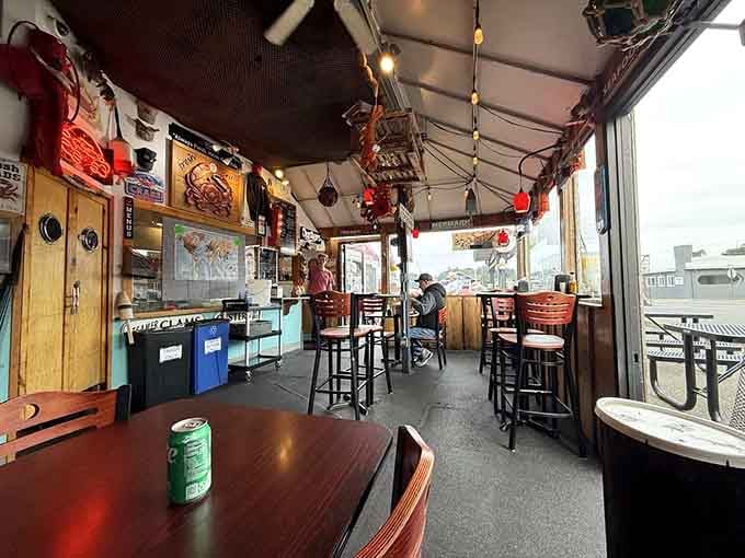 Glowing light bulbs create the perfect casual vibe for cracking into fresh Pacific coast crustaceans.