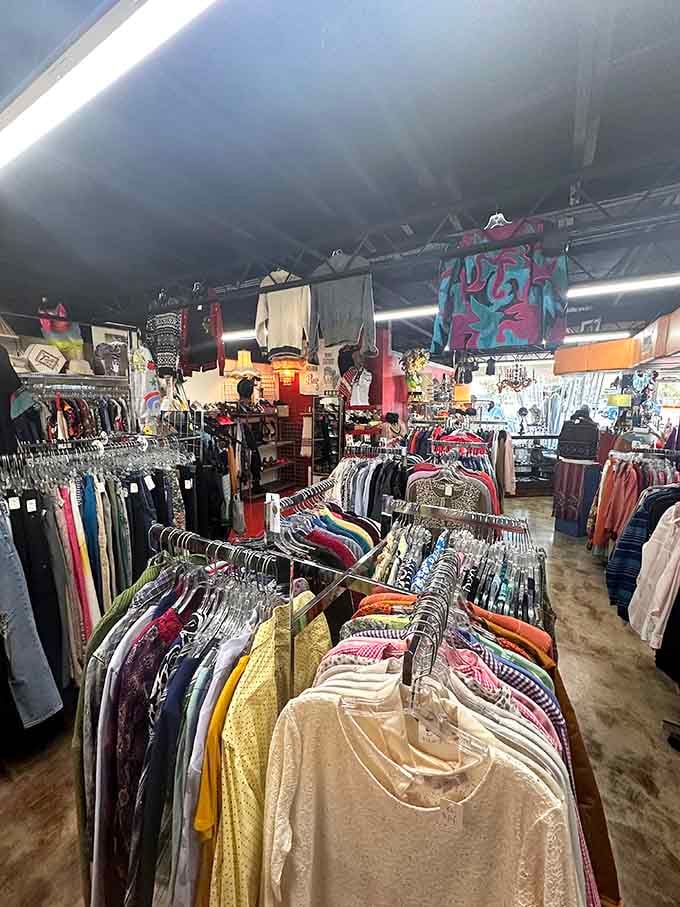 Racks stretching into infinity like a fabric rainbow that actually leads somewhere worth going.