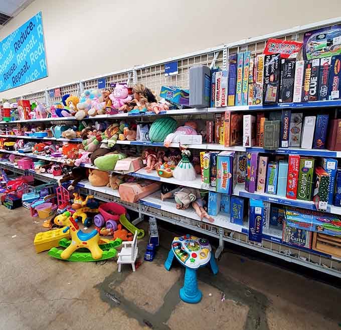 Board games and stuffed animals share shelf space like old friends at a reunion, waiting for their next adventure.