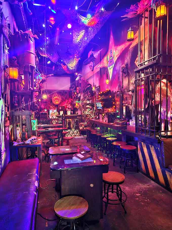 Purple haze meets pop culture paradise in this speakeasy that looks like a comic book exploded beautifully.