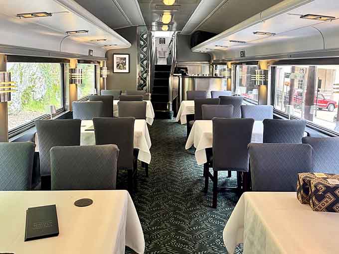 White tablecloths and picture windows: because some dining experiences deserve to move at twenty miles per hour.