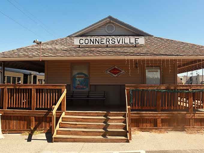 The Connersville depot's wooden platform practically whispers tales of travelers past, waiting for adventures to begin.