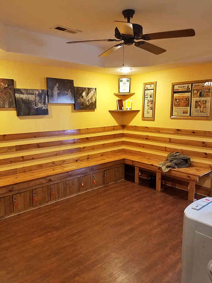 The cheerful waiting room with wooden benches proves relaxation starts the moment you walk through that door.