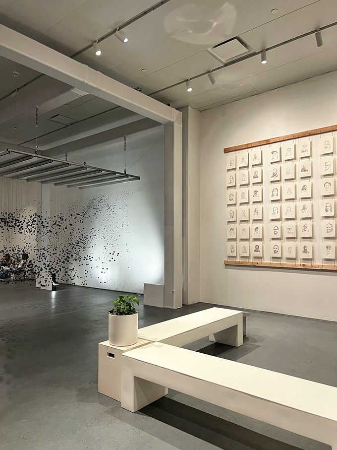 Minimalist benches and polished floors set the stage where scattered dots transform into mesmerizing three-dimensional portraits.