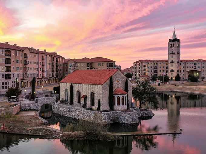 That sunset-painted sky turns this Mediterranean chapel into something from a romantic Italian dream sequence.