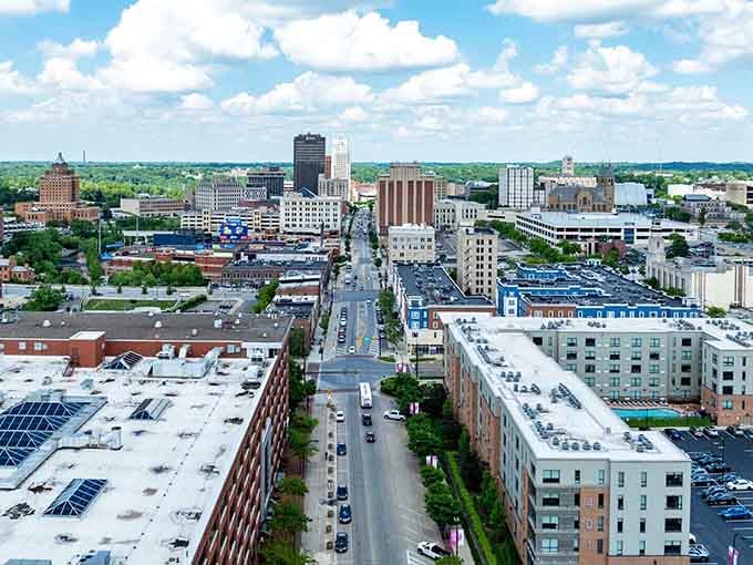 Akron's skyline stretches toward green hills, proving you don't need skyscrapers everywhere to have a real city.