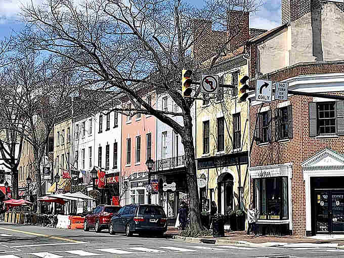 Cobblestone streets and pastel buildings create a European vibe just minutes from the nation's capital.