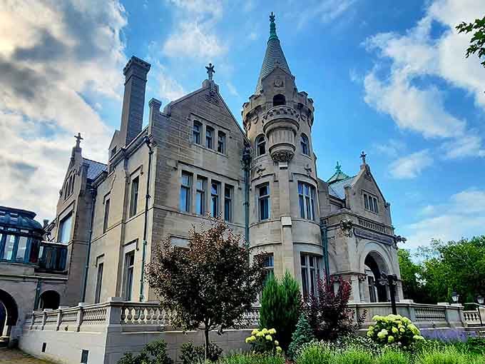 Those turrets and stone towers rising up look like something straight out of a European fairy tale book.