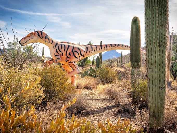 This striped raptor strikes a pose among the saguaros, proving dinosaurs and desert make surprisingly perfect companions.