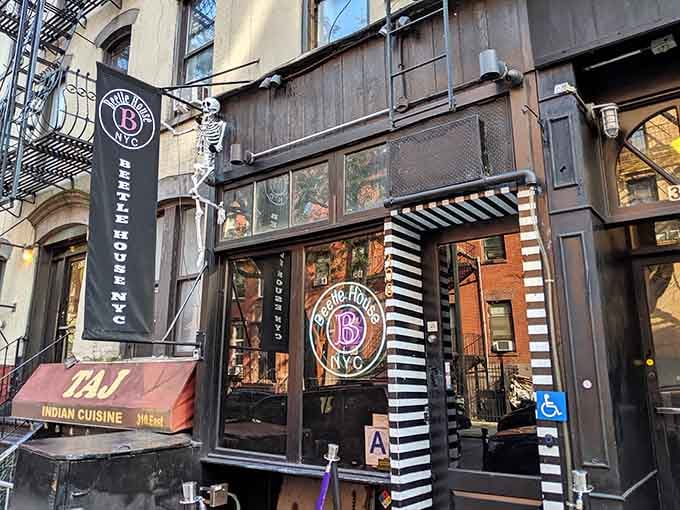 Those black-and-white striped awnings signal serious Tim Burton devotion&mdash;and seriously good food awaits inside this East Village hideaway.
