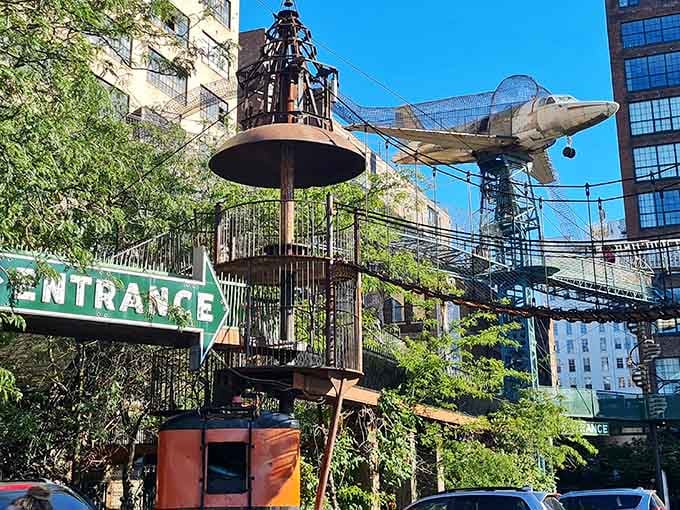 Where playgrounds meet industrial art, this wild entrance promises adventures that defy every museum rule you know.