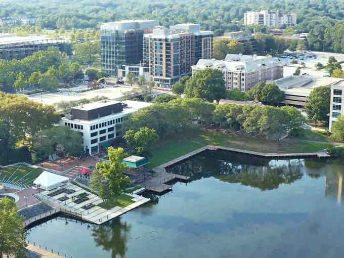 Lakes nestled among modern buildings create a planned paradise that actually remembered to include nature in the blueprints.