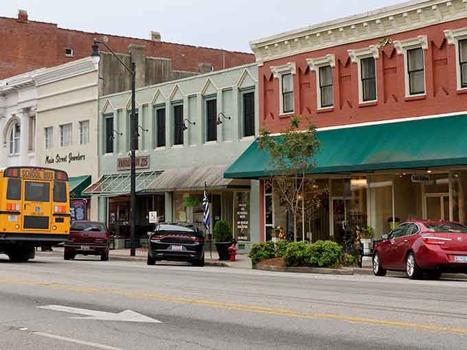Darlington's historic storefronts wear their age beautifully, mixing coral and cream facades like a perfectly coordinated Sunday outfit.