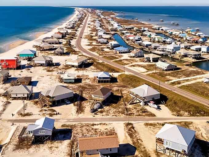 Beach houses on stilts stretch along the sand like a colorful parade that never leaves town.