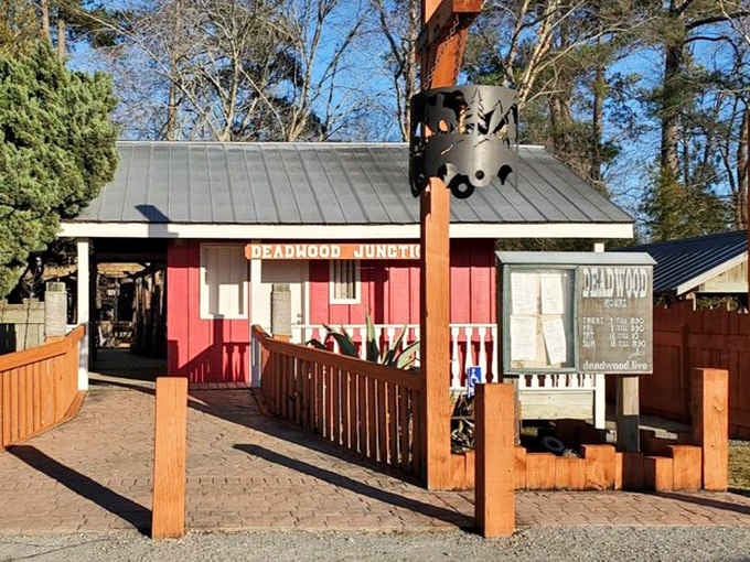 The Wild West comes alive with rustic wooden buildings that look ready for a showdown at high noon.