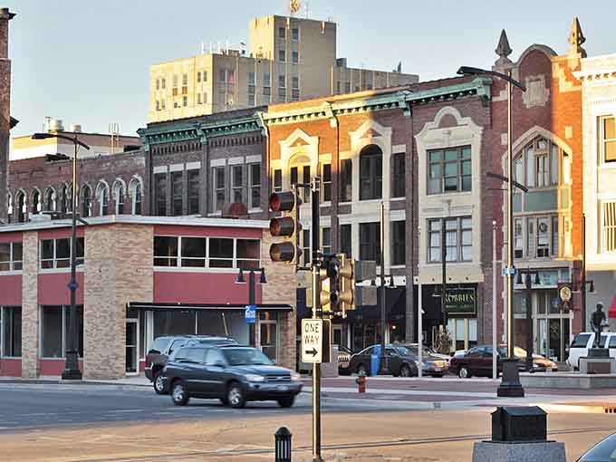 Golden hour transforms downtown storefronts into a postcard, each building telling stories from another era.