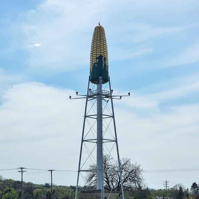 Rising like a golden beacon, this corn tower makes you wonder if Jack's beanstalk grew vegetables instead.