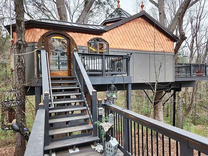 Your childhood treehouse dreams just got a serious upgrade with curved copper roofs and actual grown-up amenities.