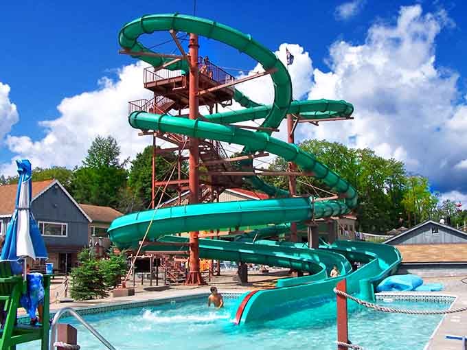 This turquoise spiral reaches for the clouds like a giant's playground slide, wrapping around itself in delicious anticipation.