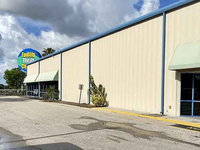 The warehouse-style building stretches wide, holding countless surprises behind those cream-colored walls and blue trim.