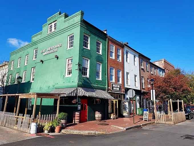 That emerald green building pops against the blue sky like Ireland decided to vacation in Baltimore for the season.