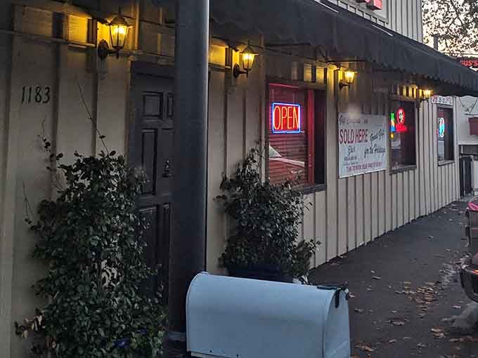 That glowing "OPEN" sign at dusk is like a beacon calling hungry travelers to salvation.