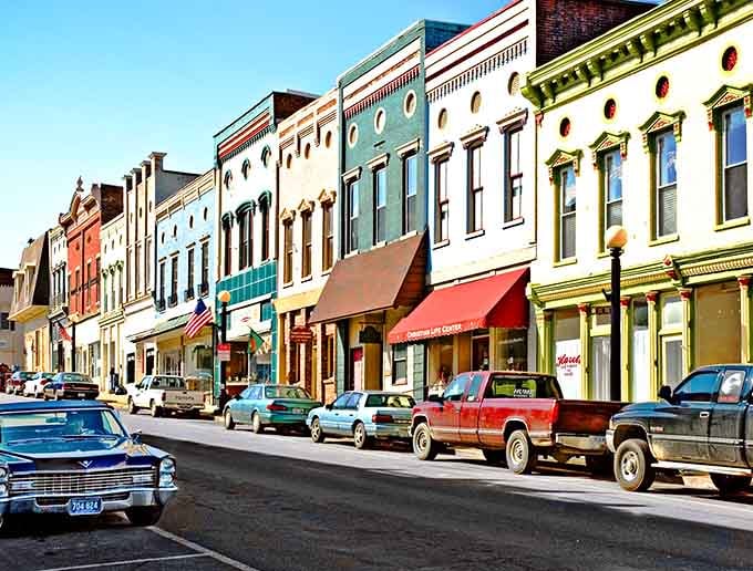 These colorful facades look like a box of crayons came to life on Main Street&mdash;pure architectural joy.