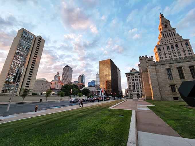 Hartford's skyline glows at sunset, proving the capital city offers big-city amenities without the wallet-draining price tag.