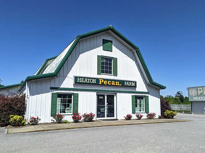 This classic white barn with green shutters sits surrounded by pecan trees, so you know the pie's going to be fresh.