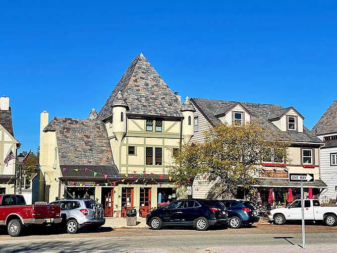 That dramatic pyramid roof isn't a mirage—it's genuine Tudor architecture bringing Bavarian flair to the Garden State.