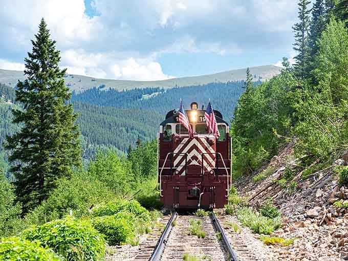 Two American flags leading the way through pine forests&mdash;this engine's got more patriotic spirit than a Fourth of July parade.