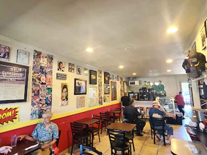 Comic book heroes and vintage photos cover every wall, turning breakfast into a nostalgic trip down memory lane.