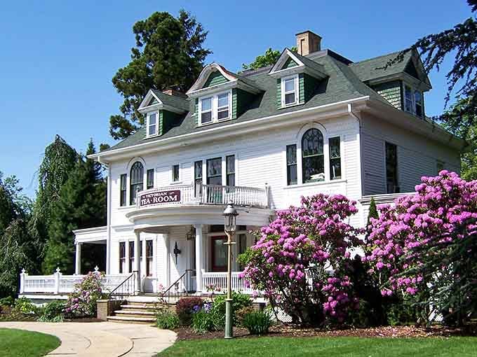 This Victorian beauty wrapped in purple blooms looks like it wandered straight out of a Jane Austen novel.