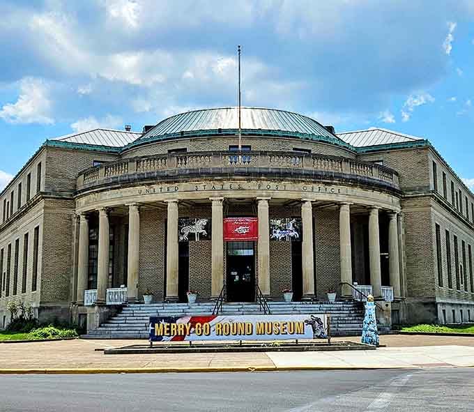 This grand old post office building now houses spinning horses and carousel dreams under those magnificent columns.