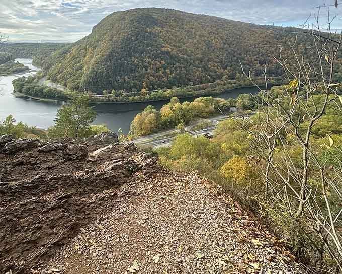 The Delaware River curves below like a silver ribbon, rewarding your climb with views that belong on postcards.
