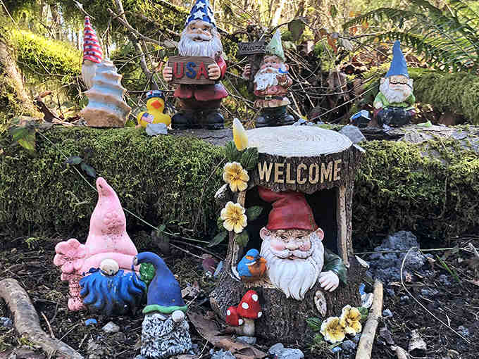 Welcome to the neighborhood where garden gnomes have clearly taken over and established their own charming democracy.